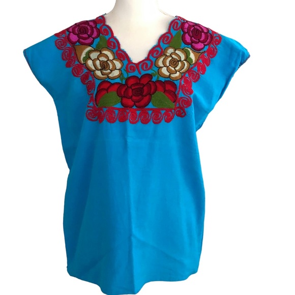 Vintage | Tops | Vintagemexican Embroidered Floral Turquoise Tunic Top ...